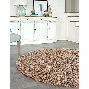 Rugs.com - Über Cozy Solid Shag Collection Rug – 5 Ft Round Sandy Brown Shag Rug Perfect for Kitchens, Dining Rooms