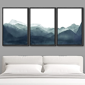 SIGNWIN Framed Canvas Print Wall Art Blue & Green Mountains in Fog Nature Wilderness Illustrations Modern Art Rustic Scenic Relax/Calm Cool for Living Room, Bedroom, Office - 16"x24"x3 Black