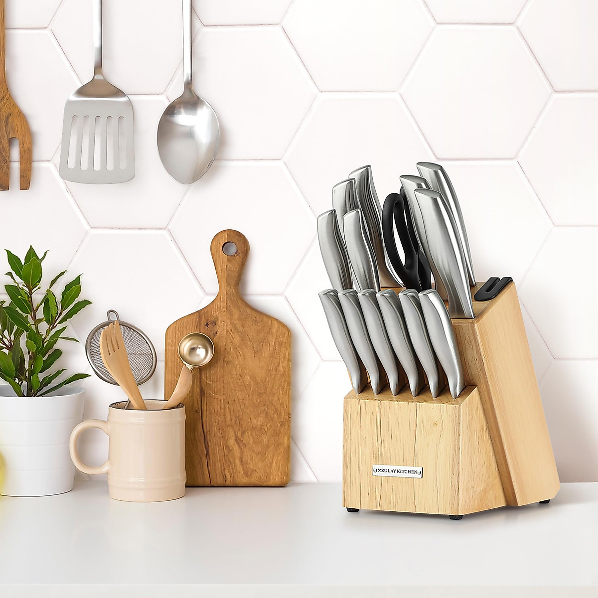 Zulay 15 Piece Stainless Steel Knife Set with Block and Sharpener - Sharp Knife Block Set with Built In Sharpener - Kitchen Knife Set With Block - Rust Proof Knife Set Stainless Steel