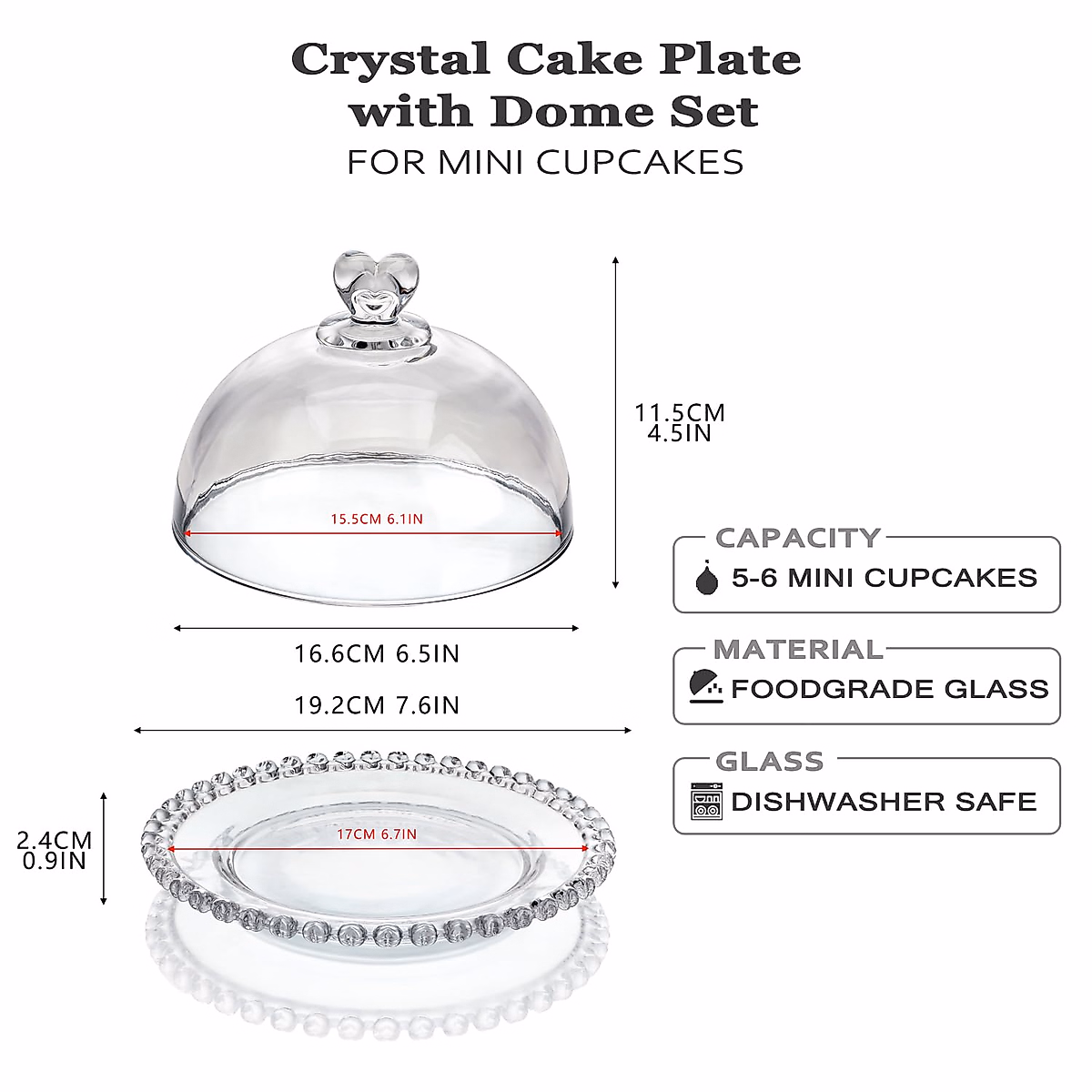 kanpura 7" Crystal Cake Plate with Dome, Cake Stand with Cover, Round Pattern Glass Serving Platter with Lid for Kitchen Dining Bakery Pastries Display, Party, Entertaining, Dishwasher Safe(Clear)