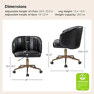 HULALA HOME Modern Faux Leather Office Chair with Gold Metal Base, Home Desk Chair with Channel Barrel Back, Height-Adjustable Swivel Computer Task Chair for Study Bedroom Living Room, Black
