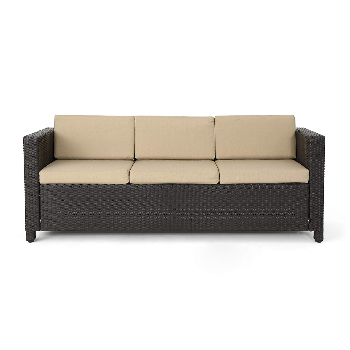Christopher Knight Home Puerta Outdoor Wicker 3-Seater Sofa, Dark Brown / Beige Cushion