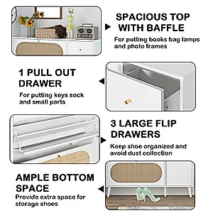 Mcltopz Rattan Shoe Cabinet with 3 Flip Drawers&1 Small Drawer&1 Door, Modern Free-Standing Shoe Rack Narrow Shoe Storage Cabinet Wooden Shoe Rack Storage Cabinet for Entryway Hallway Doorway (White)