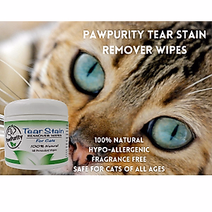 PawPurity Tear Stain Remover Wipes (60 pcs) for Cats | 100% Natural, Safe and Effective. | Removes Stains from Eyes of Cats and Kittens | Recommended by Vets/Groomers | Contains Colloidal Silver