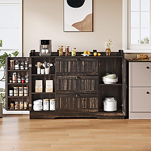 DWVO Farmhouse Sideboard Buffet Cabinet with Storage, 59" Kitchen Pantry Storage Cabinet with 3 Drawers, Coffee Bar for Kitchen Living Room Dining Room, Dark Rustic Oak