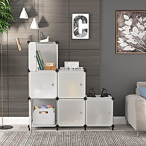AWTATOS Storage Cube Organizer with Doors, Stackable Closet Shelf for Bedroom, Clothes Shelving Rack, DIY Square 6 Cubes Bookcase, Plastic Space Saver for Home, Living Room, Office, Translucent White