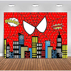 Red Spider Web Photography Backdrop Baby Shower Photo Booth Studio Props Supplies Super Heros Cityscape Photo Background Vinyl 5x3ft Children Boys 1st Birthday Party Banner Decorations Dessert Table