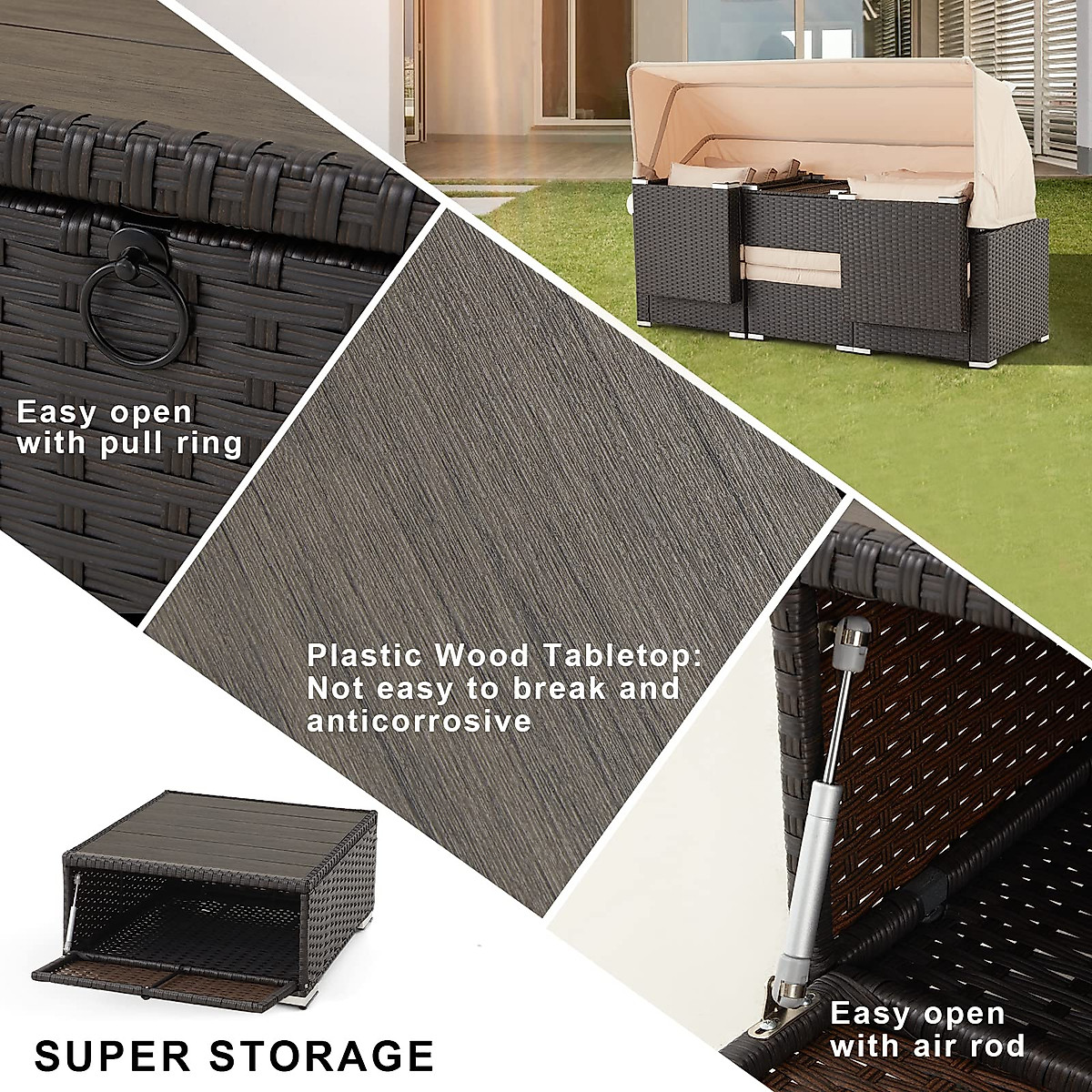 HOMREST 6 Pieces Patio Furniture Sets, Rattan Daybed with Retractable Canopy, Outdoor Sectional Sofa Set with Adjustable Backrest, Chaise Chair Sunbed for Garden Poolside Backyard (Khaki)