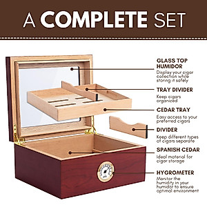 Mantello Glass Top Cigar Humidors - Humidor Cigar Box with Humidifier, Spanish Cedar Tray, Divider, and Hygrometer - Gifts for Men, Holds 25 to 50 Cigars