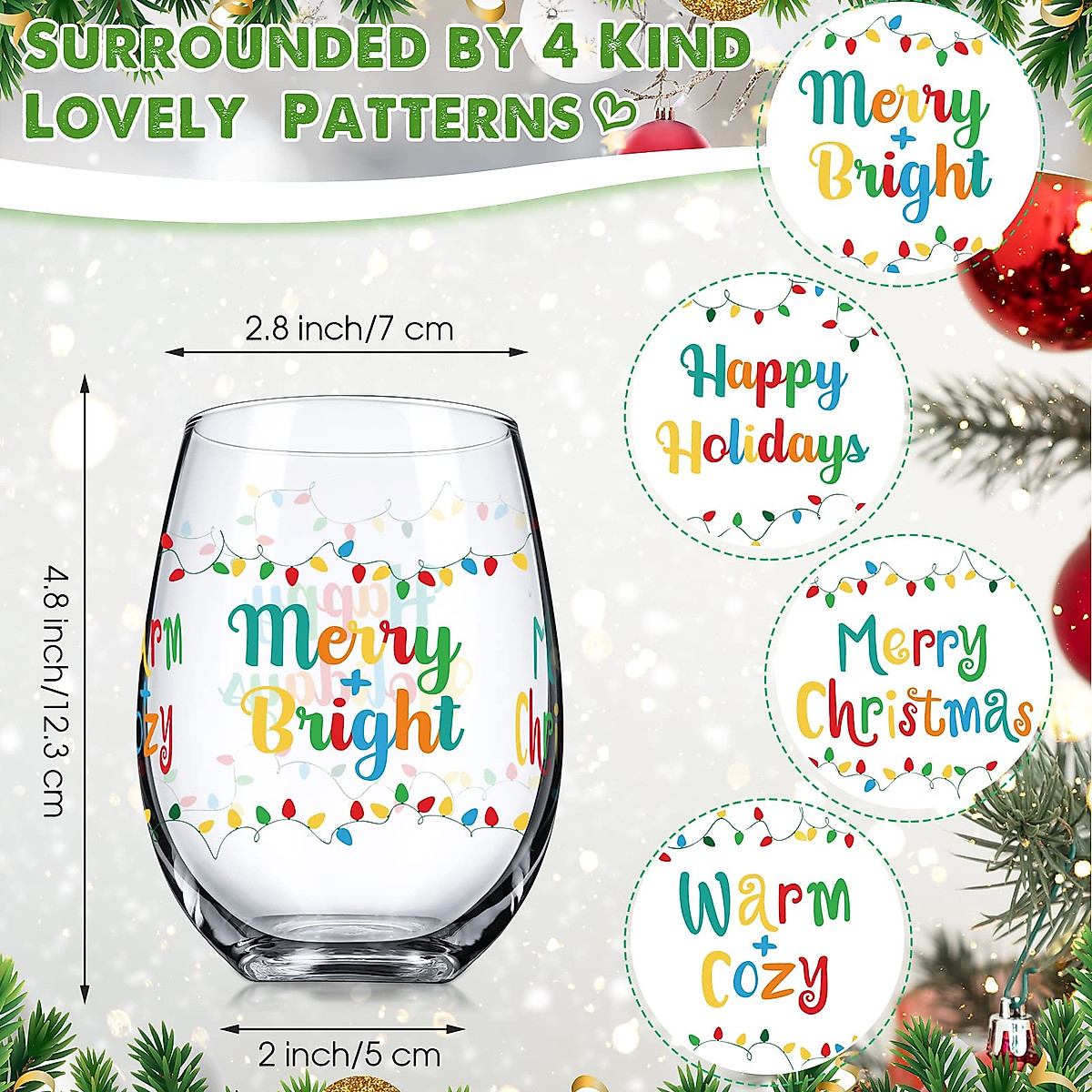 Patelai 2 Pieces Christmas Stemless Wine Glass, 17 oz Merry Christmas Happy Holiday Wine Glass Funny Mug Cup, Christmas New Year Gifts for Women Men Mom Dad Wife Husband