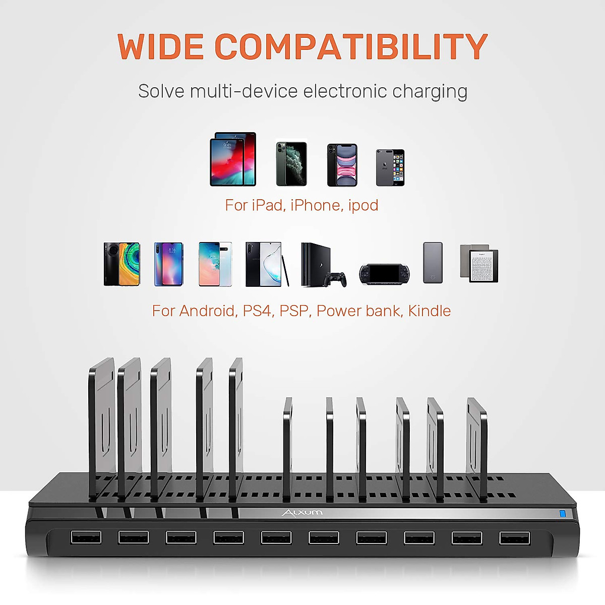 Alxum 10 Port USB Charging Station, 60W Mobile Charging Station with Multi-Port USB Fast Charger Stand for Mobile Phone, Tablet and More,Black