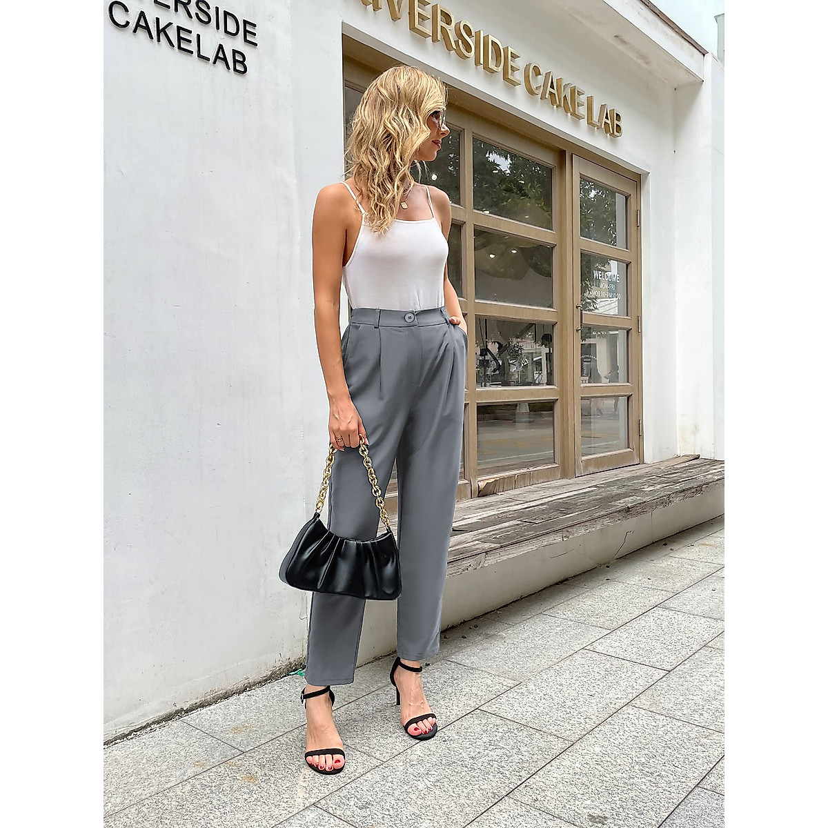 GRACE KARIN Women Casual Work Pants with Pockets Elastic Waist Pants Blue Grey M