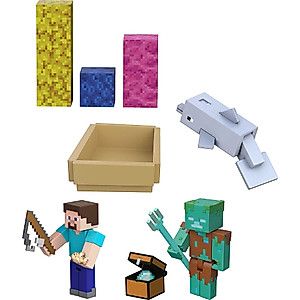 Mattel Minecraft Treasure Hunt Adventure Pack Figures, Accessories and Papercraft Blocks, Complete Play in a Box, Toy for Kids Ages 6 Years and Older