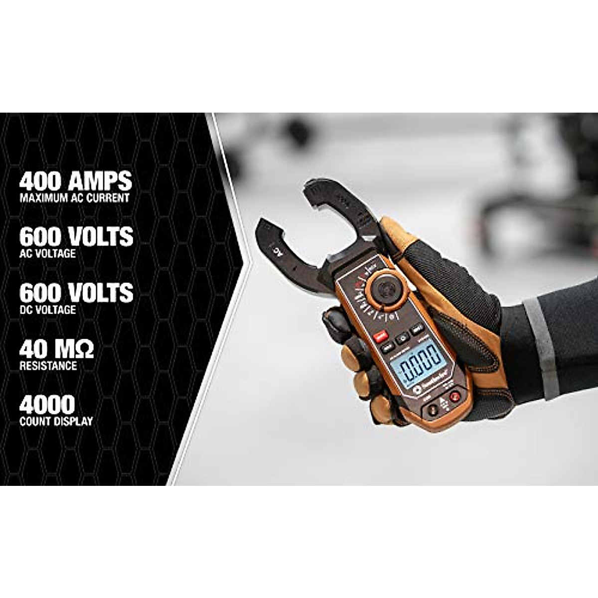 Southwire 21510N clamp meter; third-hand test probe holder; 400A AC current range; CAT III 600V safety rating; built-in non-contact voltage detector; 5 year warranty; Black Brown