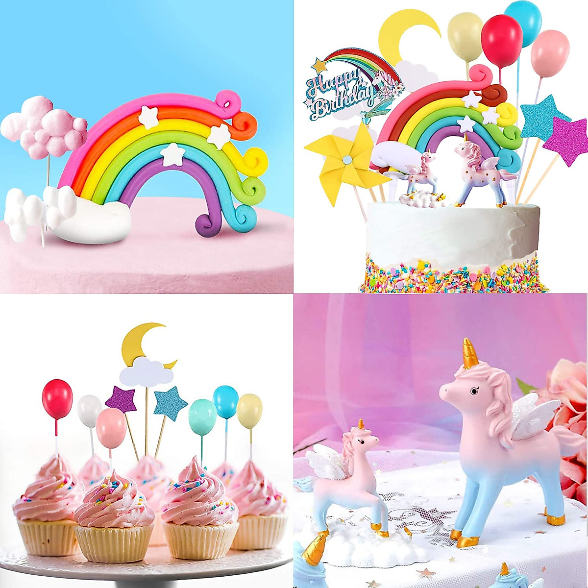 Unicorn Party Cake Topper Kit with 2 Unicorns Sculpture, Rainbow Balls Cloud for Unicorn Birthday Party Supplies
