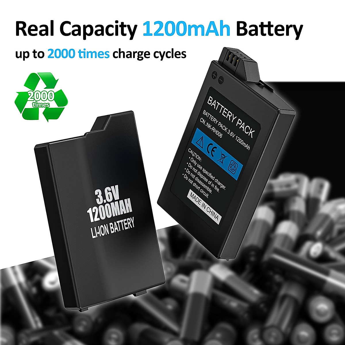 BSSING PSP Battery, 2Pcs 3.6v 1200mAh Lithium Ion Replacement Batteries with USB Charging Cable for PSP-3000, PSP-3001, PSP-2000, PSP-2001, PSP-3002, PSP-3004, PSP Lite, PSP Slim Console