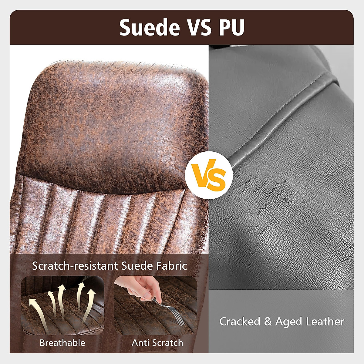 ovios Office Chair, Mid Century Modern Chair with Lumbar Support, Ergonomic High Back Suede Leather Executive Chair with Swivel Rolling Wheels, Dark Brown