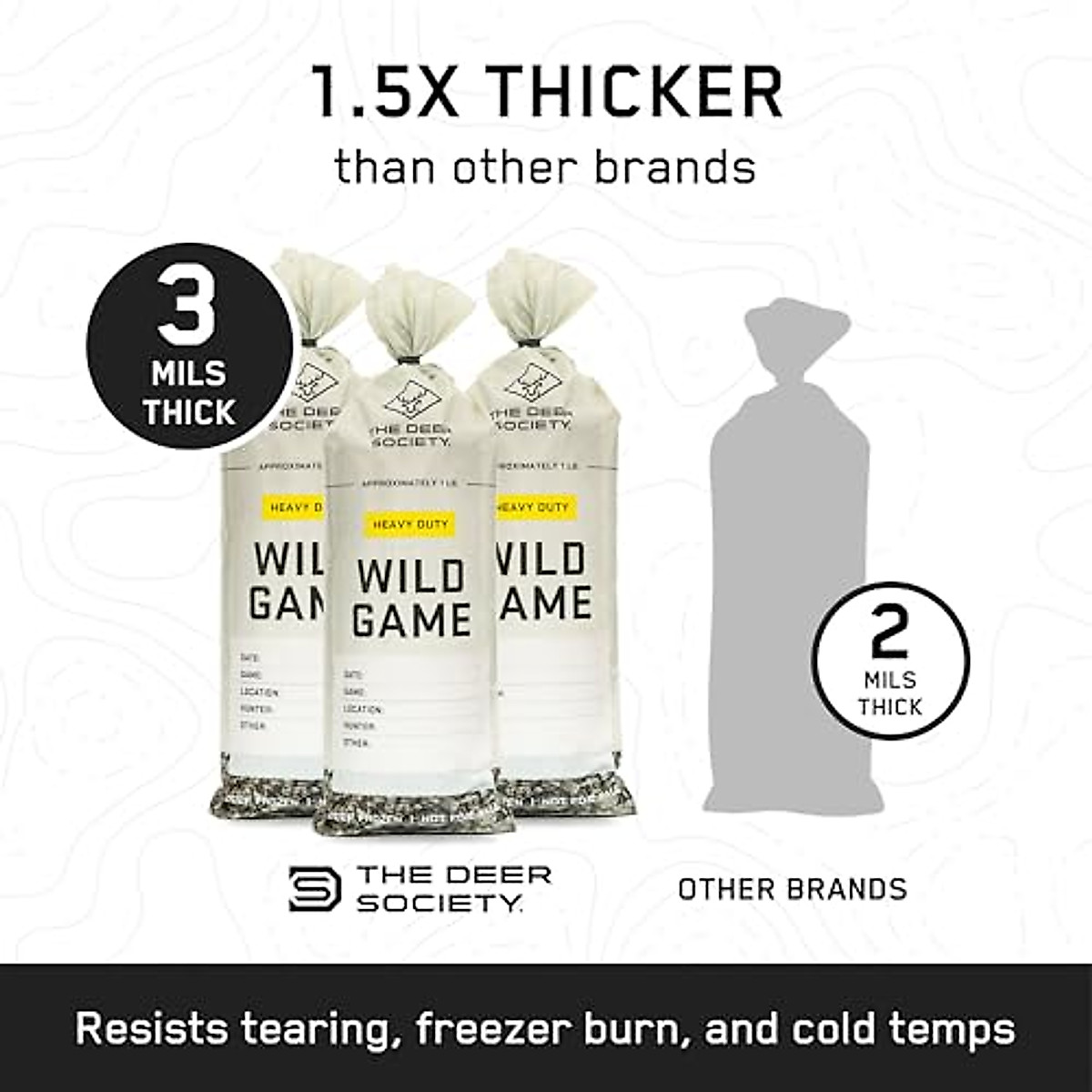 [50 pk] Extra Strong, 2X Thick Wild Game Bags for Freezer Storage 1.5lb by Deer Society - Meat Bags for Your Ground Meat Packaging System - Processing Bags to Protect Your Game Meat from Freezer Burn