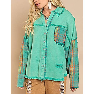Zontroldy Denim Jean Jacket Shirt for Women Plaid Patchwork Distressed Ripped Frayed Denim Jean Jackets Shacket(0828-Green-M)