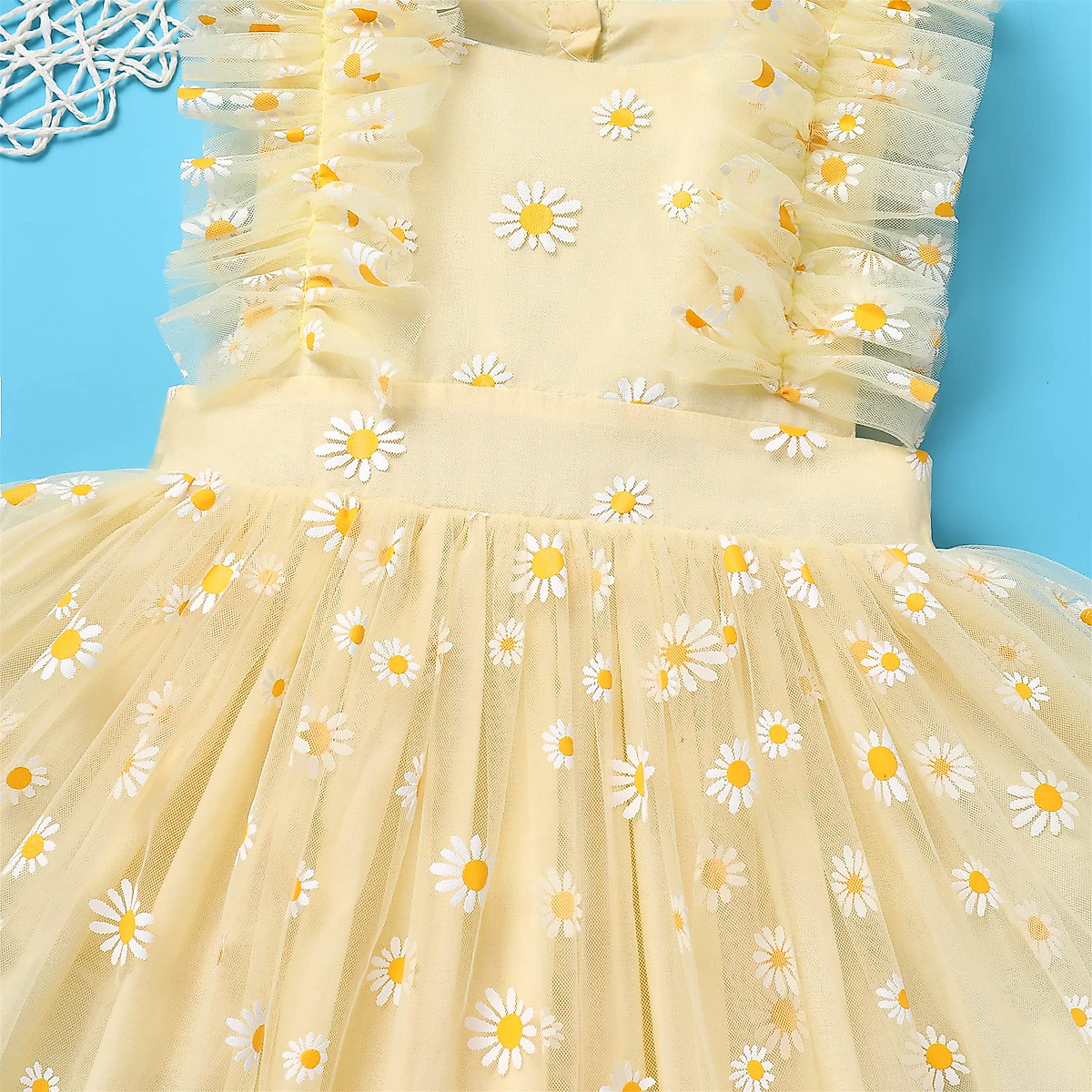 Newborn Infant Baby Girl Ruffle Tutu Romper Dress 1st 2nd Birthday Party Cake Smash Outfit Toddler Summer Flutter Sleeveless Floral Princess Tulle One-picece Baptism Pageant Dress Yellow Daisy 18-24M