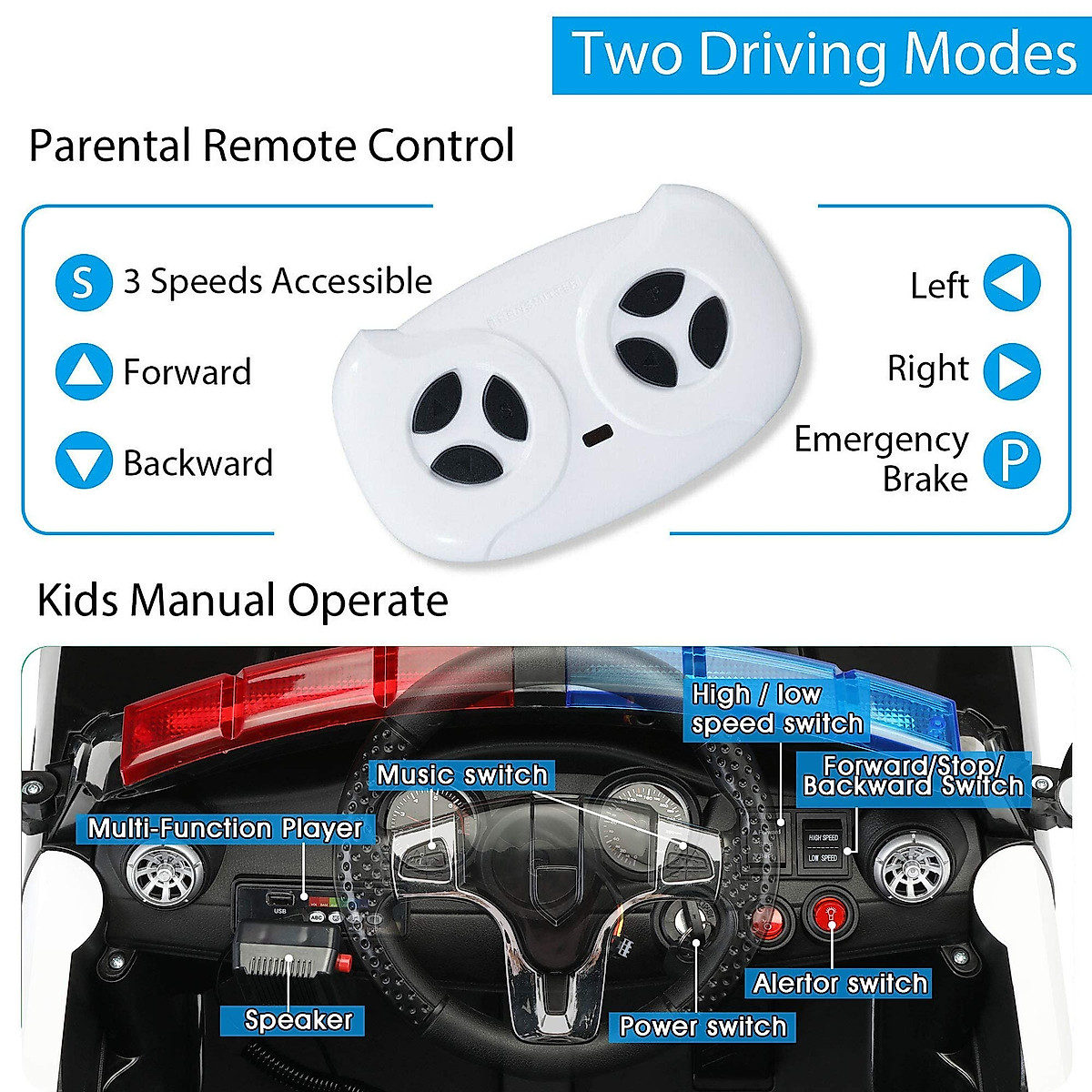TOBBI 12V Kids Police Car Ride on with Remote Control, Battery Powered Vehicle Electric Car for Kids w/Siren Flashing Light, Megaphone, Car Keys, USB, Music, Spring Suspension, Pull Rod, Black