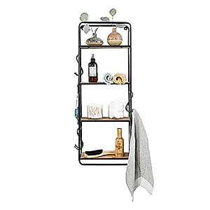 Creative Co-Op 32 Inch Metal & Wood Hooks Wall Shelf, Black