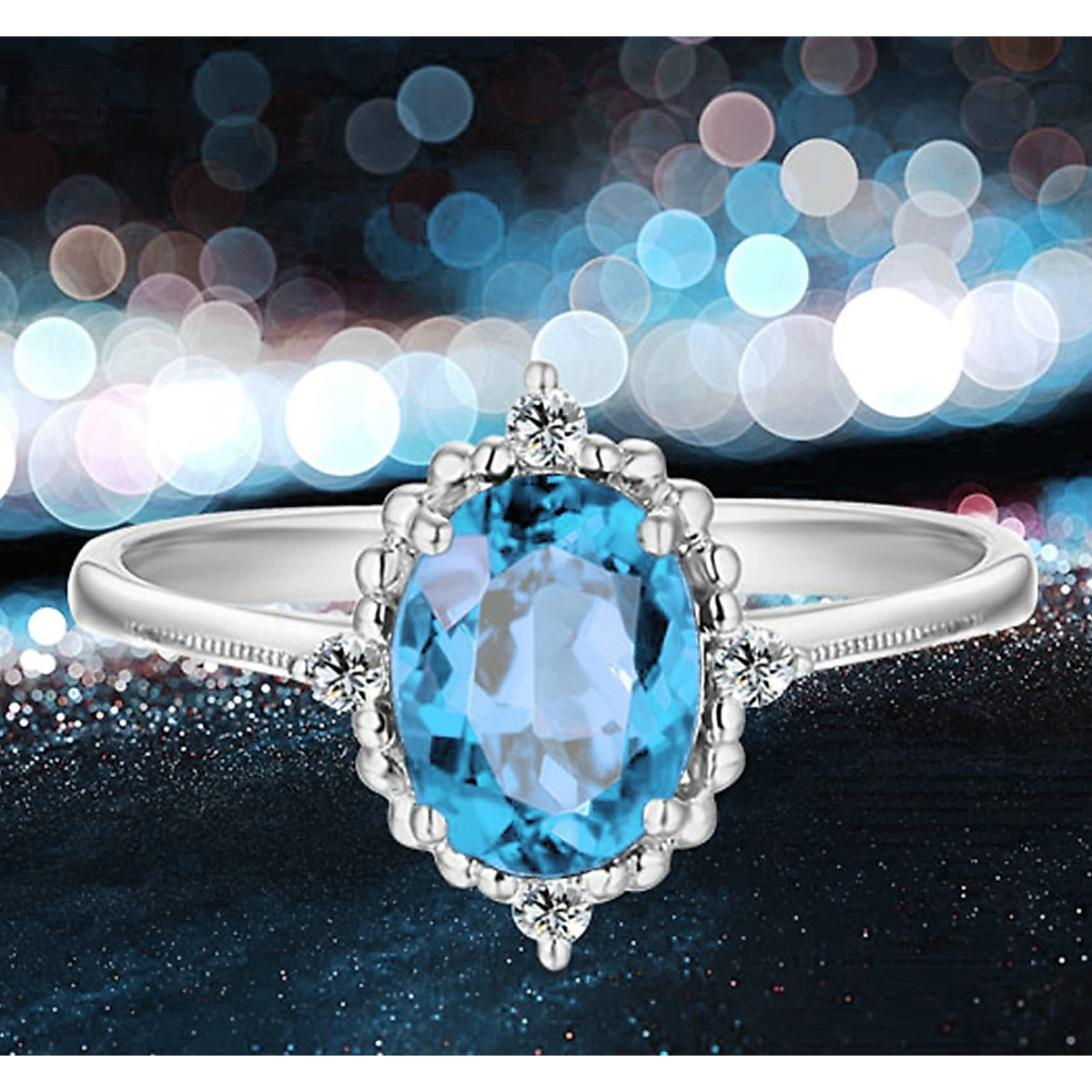 Ayoiow Rings Promise Silver 925 Light Blue Oval Zircon Band Valentine Gift Engagement Bands Ring for Her Size：8.5