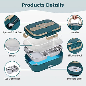 CJOIAW Electric Lunch Box Leak Proof, Food Heated 12V 24V 110V Portable Heating Box Heater for Car/Truck/Home heated lunch boxes for adults 1.5L Removable Stainless Steel Container