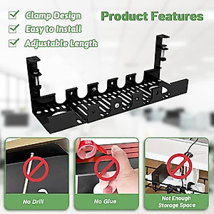 Under Desk Cable Management Tray - Cord Organizer for Desk, with Clamp Mount System for Wire Management for Office and Home, No Need to Drill Holes