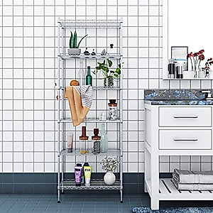 Devo 6-Tier Wire Shelving Unit, Adjustable Metal Shelving for Storage, Heavy Duty Wire Storage Racks with Side Hooks, Pantry Shelves for Garage, Kitchen, Living Room, Bathroom (Upgrade Silver)