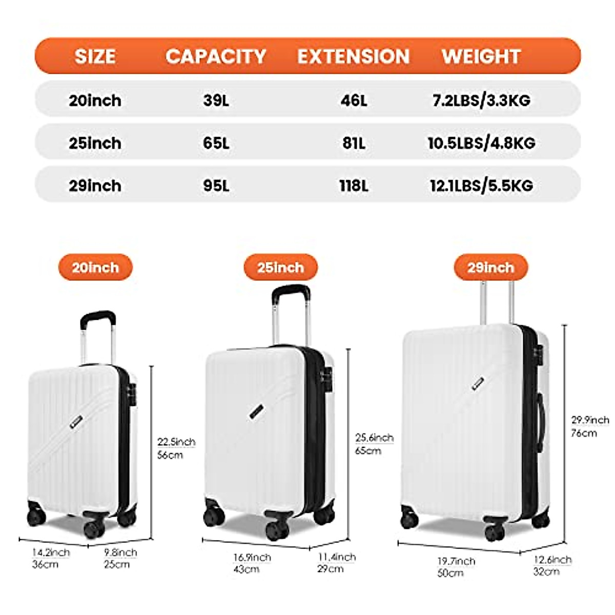PRIMICIA GinzaTravel Luggage Sets 3 Piece Expandable Suitcases with Wheels PC+ABS Durable Hardside Luggage sets TSA lock (White, 3-Piece Set(20"/25"/29"))
