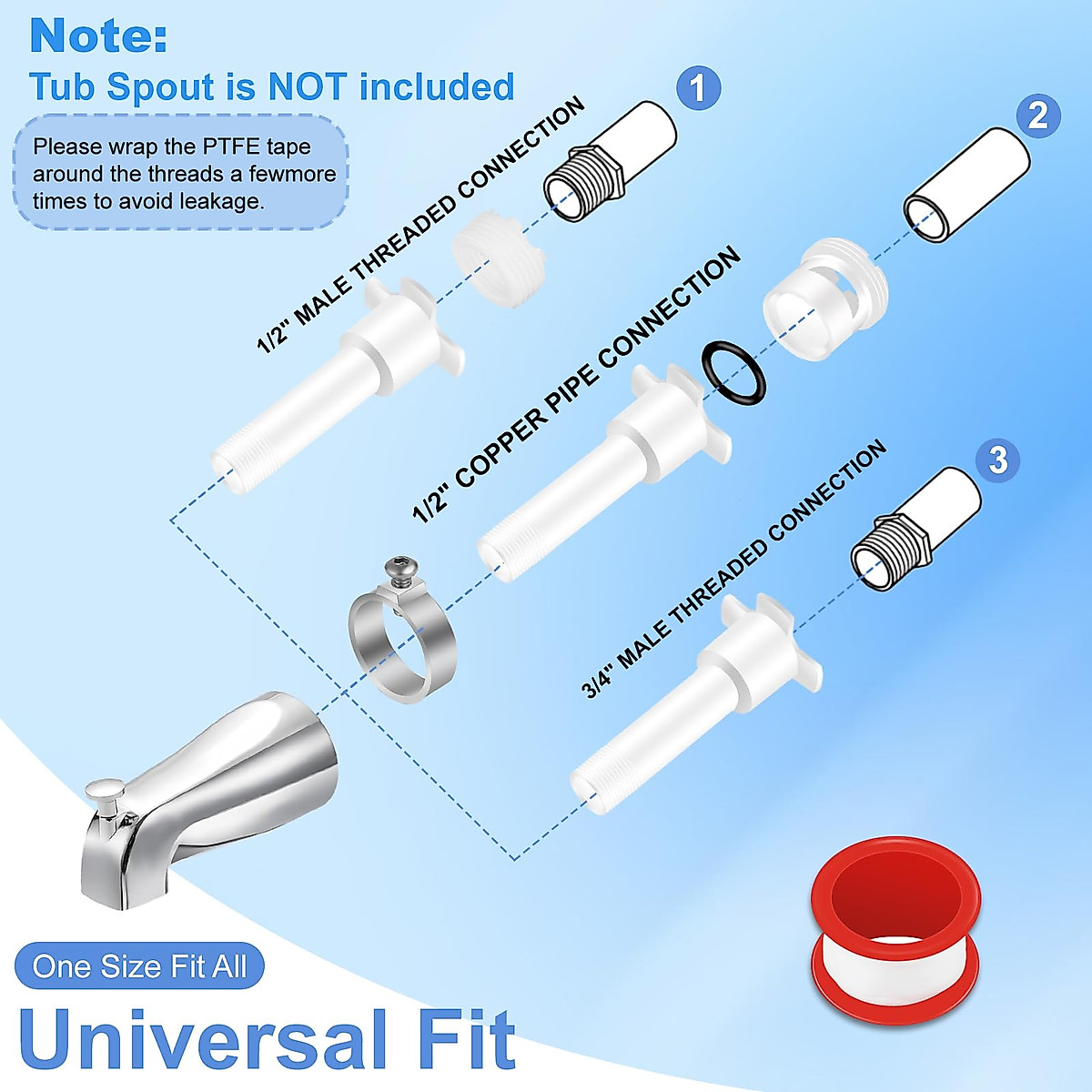Four in One Tub Spout Adapter, Bathtub Faucet Spout Adapter kit, for Universal 1/2'' Copper Pipe, 1/2'' IPS and 3/4'' IPS, Includes Tub Spout Diverter Repair Kit with Assembly Tool