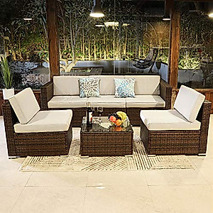 YITAHOME 6 Piece Outdoor Patio Furniture Sets, Garden Conversation Wicker Sofa Set, and Patio Sectional Furniture Sofa Set with Coffee Table and Cushion for Lawn, Backyard, and Poolside, Brown