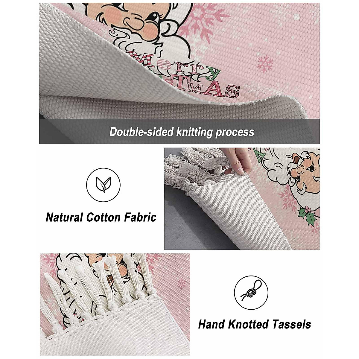 Runner Rug for Hallway 2x6ft, Merry Christmas Cute Pink Santa Washable Runner Rugs with Tassels Woven Floor Carpet Runners for Hallways Kitchen Laundry Entryway