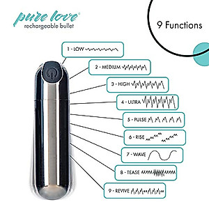 pure love Vibrator Bullet, Rechargeable, Waterproof, Adult Sex Toy, Smoky Silver, 3"
