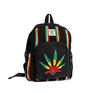 Handmade Rasta Marijuana Black Yellow Red Backpack | Made in Nepal Travel Backpack with Water Bottle Pockets | Hemp Cotton Backpack - Small Mini Backpack