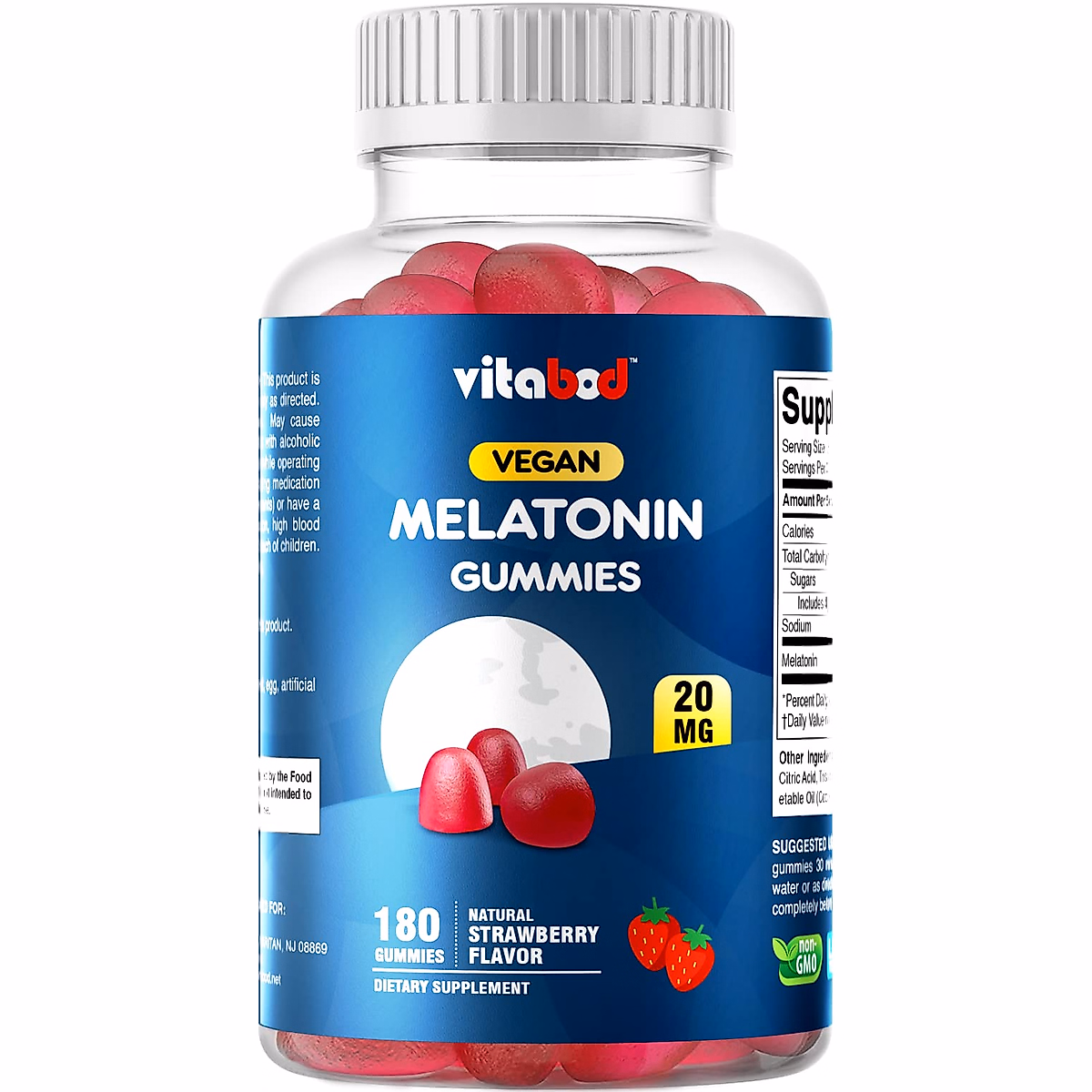 Vitabod Melatonin 20mg Gummies - 180 Count - Drug Free - Natural Strawberry Flavor - Vegetarian, Non-GMO, Gluten Free (1 Bottles)