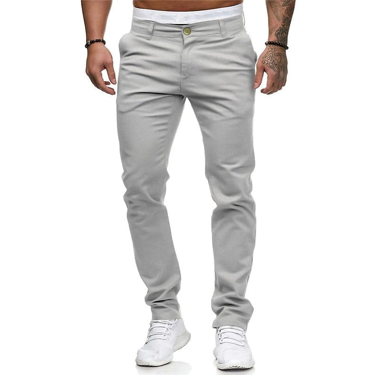 HUNGSON Men Skinny Slim Fit Casual Jeans Dyeing Stretch Straight Fashion Denim Pants Lightgrey