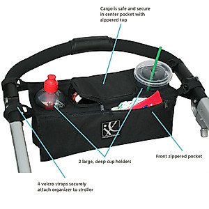 J.L. Childress Sip N Safe - Universal Stroller Accesory and Organizer - Deep Cup Holders, Zippered Compartments, Secure Pockets - for Jogging Strollers, Doona, Graco, Jeep, UPPAbaby, BOB - Black