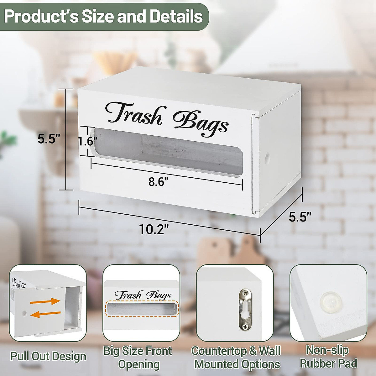 Trash Bag Holder for Kitchen Organizers and Storage, Wooden Farmhouse Plastic Bag Holder Wall Mounted, Trash Bag Dispenser for Kitchen Countertop, Cabinet, Under Sink, Laundry Room Organization