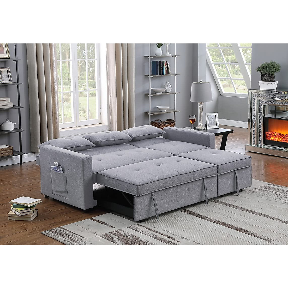 Favfurish 80'' L-Shape Convertible Sleeper Sectional Sofa with Pull-Out Recliner and Bed, Side Pocket, Linen Corner 3 Person Couch for Home Furniture, Living Room, Apartment, Dorm, Light Grey