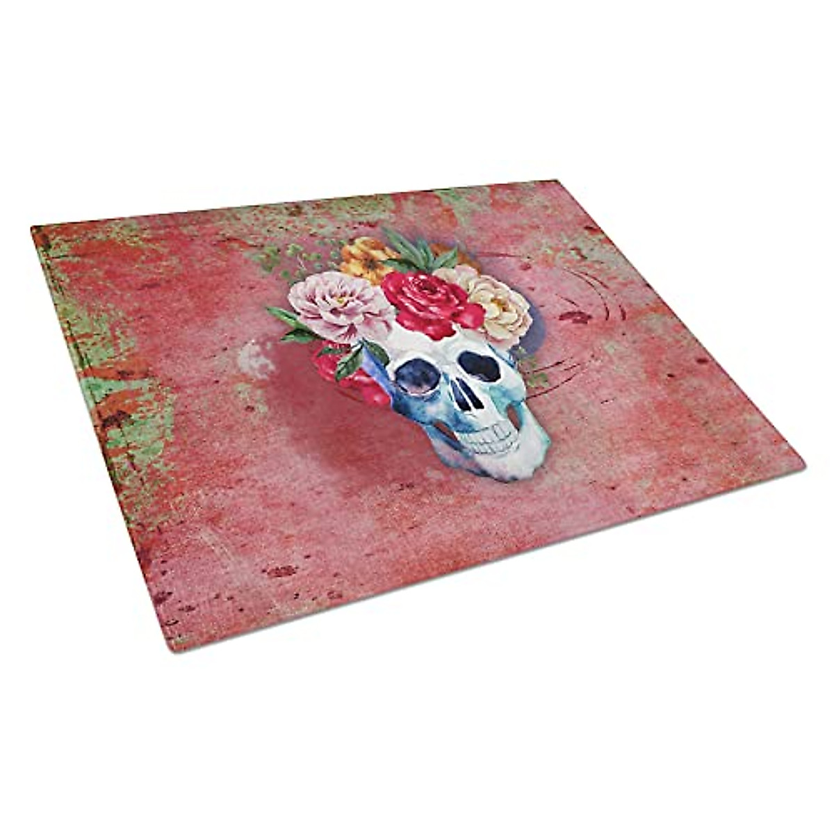 Caroline's Treasures BB5130LCB Day of the Dead Red Flowers Skull Glass Cutting Board Large Decorative Tempered Glass Kitchen Cutting and Serving Board Large Size Chopping Board