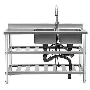 Stainless Steel Commercial Kitchen Sink Set, 47.2" x 17.7" x 31.5" Double Kitchen Sinks Free Standing Prep & Utility Restaurant Garage Kitchen Sink for Restaurant, Kitchen