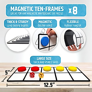 Magnetic Ten Frame Set: 8 Durable Ten-Frames + 100 Colorful Counters + 80 Math Flash Cards + 10 Dice - Addition & Subtraction - Math Manipulatives Kit for Home, Kindergarten & Elementary Teachers