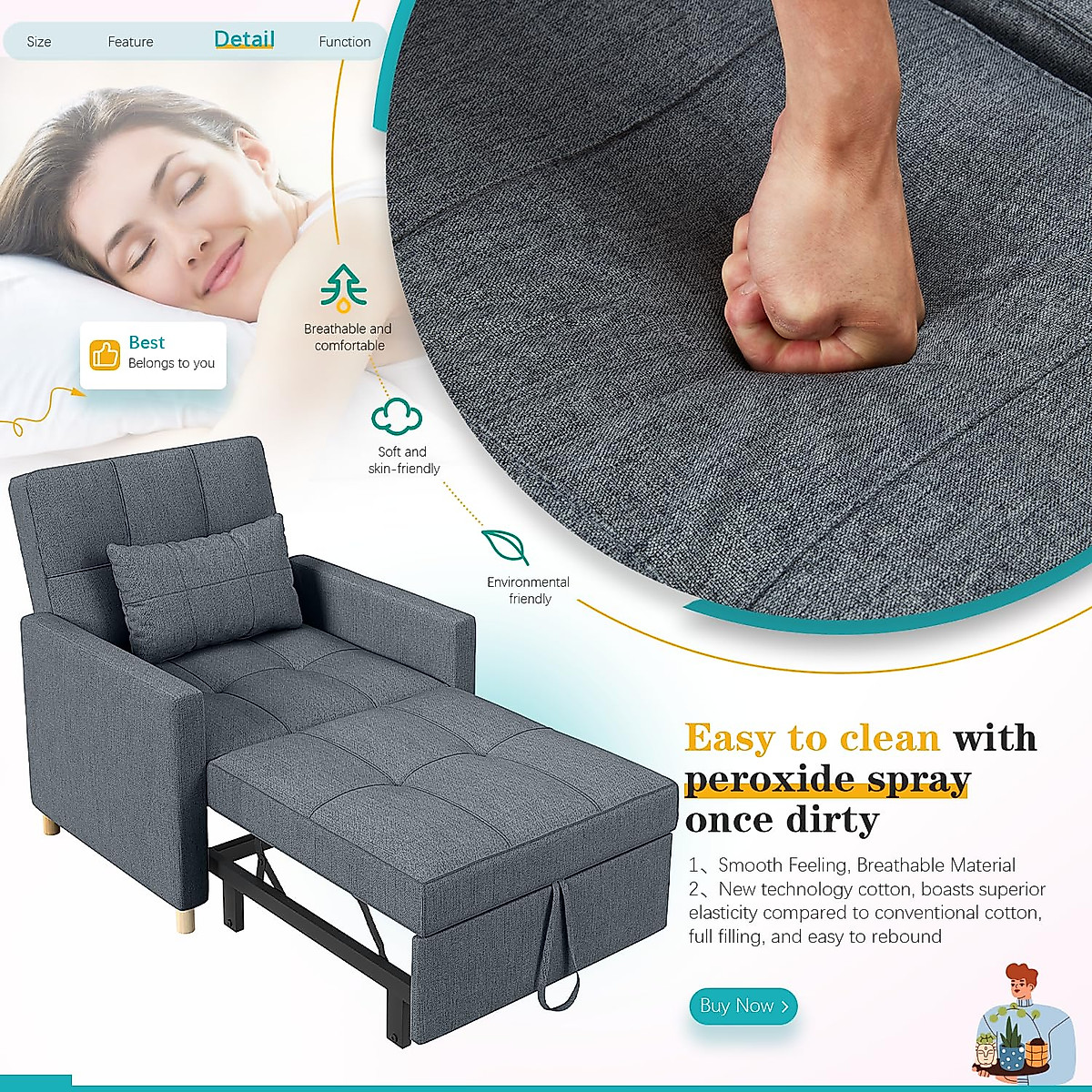 YODOLLA Sleeper Chair, 3 in 1 Chair Bed for Adults, Pull Out Sofa Chair with Pillow and Convertible Backrest, Multi-Functional Fold Out Futon Chair Reading Chair for Small Space (Dark Grey)