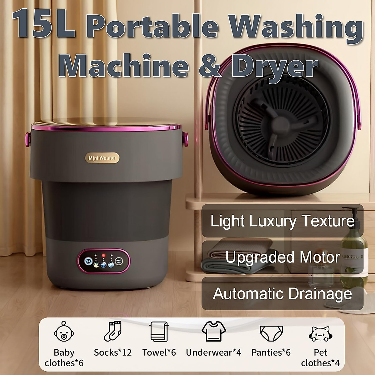 HusonoLife Portable Washing Machine 15L Small Washer and Dryer Mini Washing Machine for Underwear Baby Clothes Socks Foldable Washer lavadora portatil for Apartment Dorm Camping RV Travel (Black)