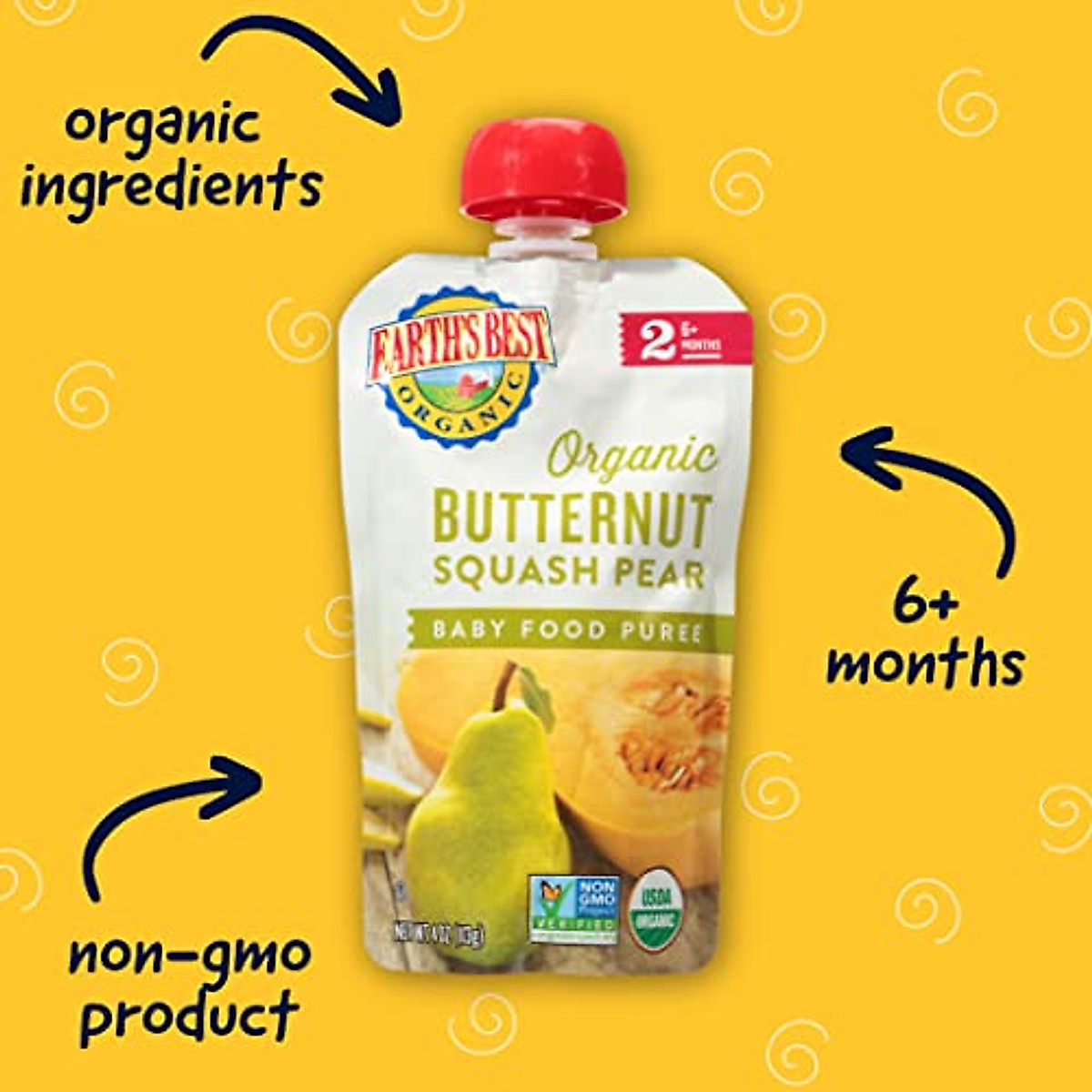 Earth's Best Organic Baby Food Pouches, Stage 2 Fruit and Vegetable Puree for Babies 6 Months and Older, Organic Butternut Squash and Pear Puree, 4 oz Resealable Pouch (Pack of 12)