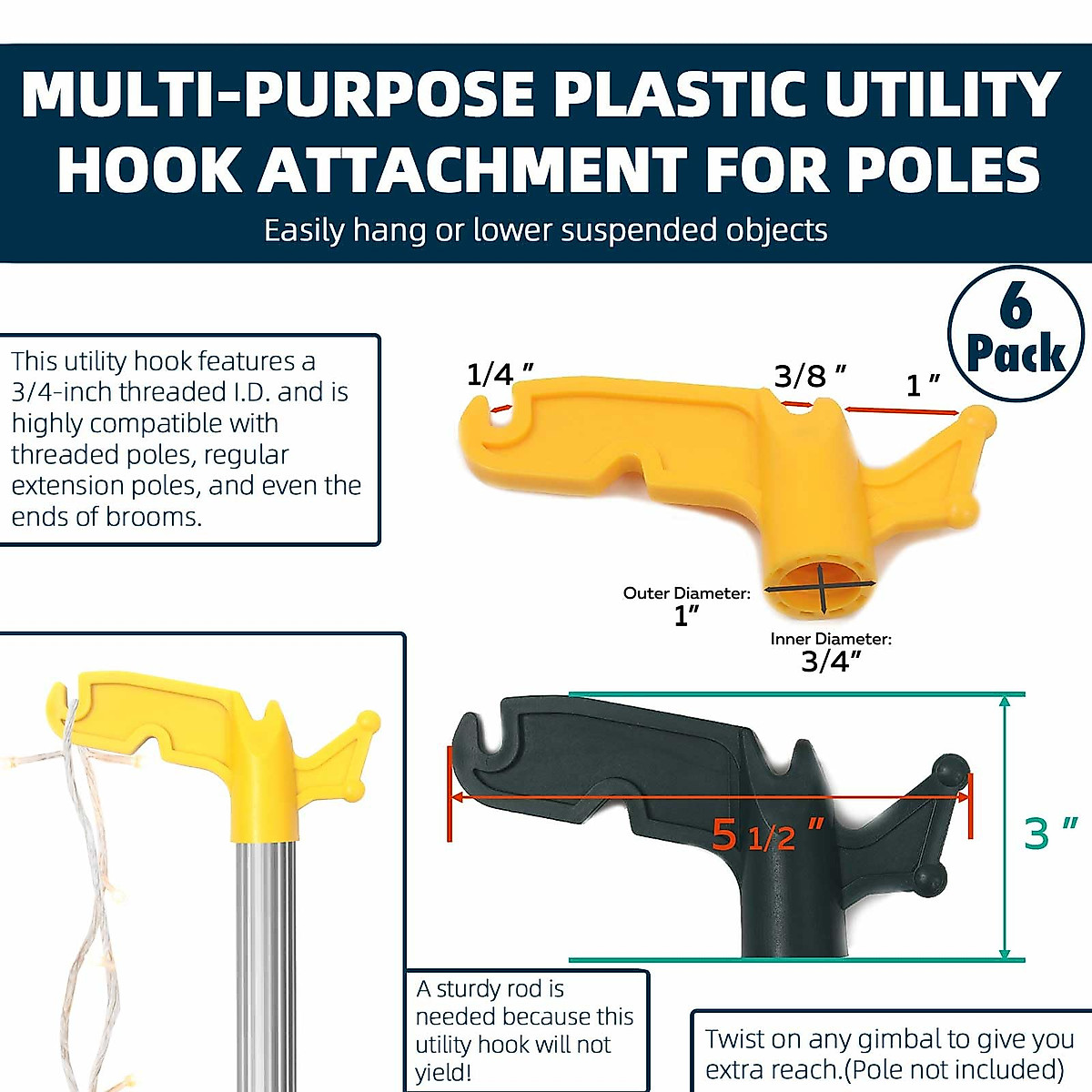 (2-Pack) Multi-Purpose Plastic Utility Hook Attachment for Poles- Screw-On Hook 3/4" Inner Diameter Fits Threaded Poles Extension Poles & Broom Handles, Bird Feeder Pole Hanger Tool