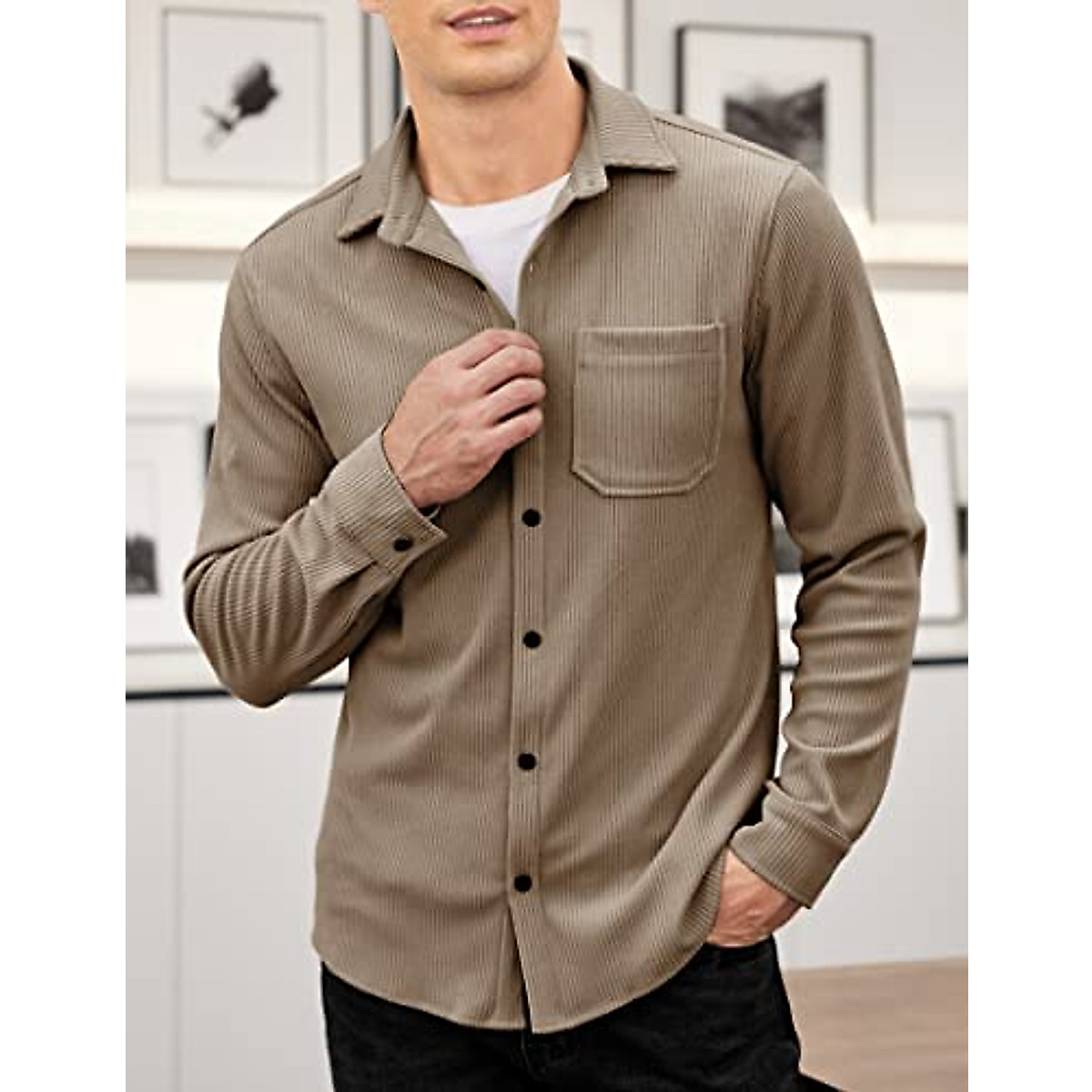 COOFANDY Men's Corduroy Shirt Jacket Slim Fit Button up Work Shirt with Two Flap Pockets Brown