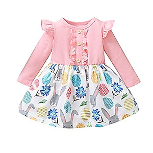 Goodplayer Toddler Baby Girl Easter Outfits Ruffle Long Sleeve Top Bunny Egg Print Skirt One-Piece Girl Dress Clothes (Pink, 3-4 Years)